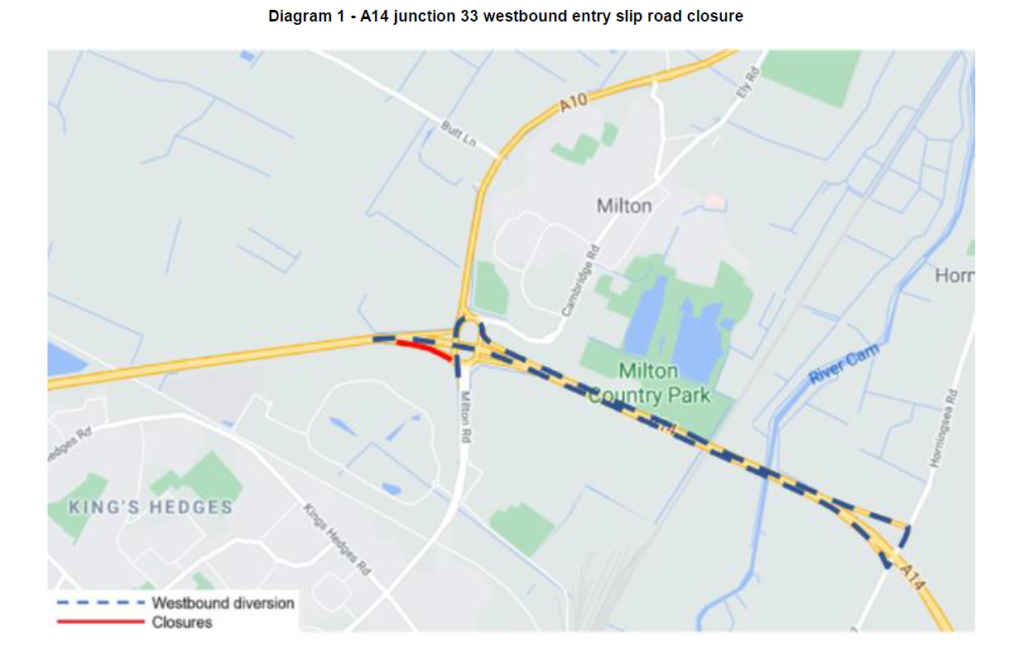 Roadworks information A14 junction 33 westbound – Milton Village